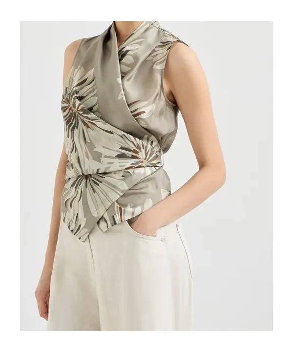 Brunello Cucinelli Sleeveless Floral Wrap Top - Khaki