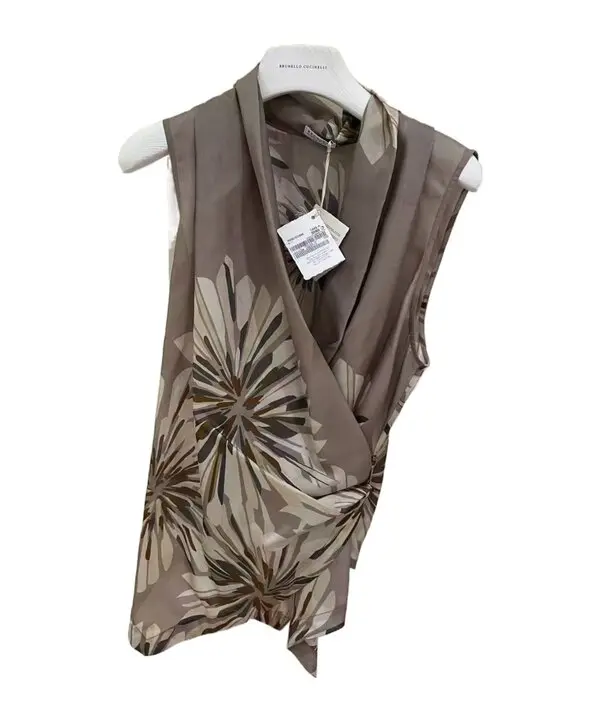Brunello Cucinelli Sleeveless Floral Wrap Top - Khaki