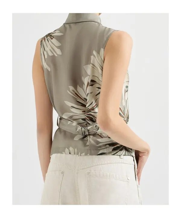 Brunello Cucinelli Sleeveless Floral Wrap Top - Khaki