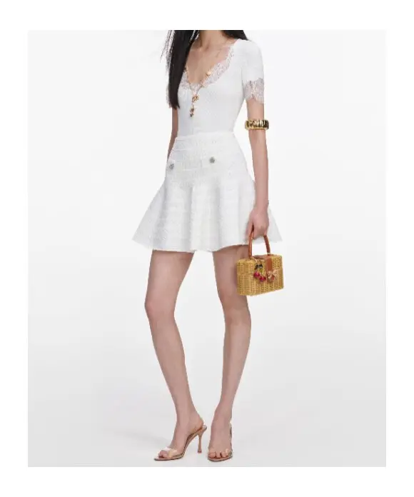 SELF-PORTRAIT Lace-trim Ribbed Bodysuit With V-neckline