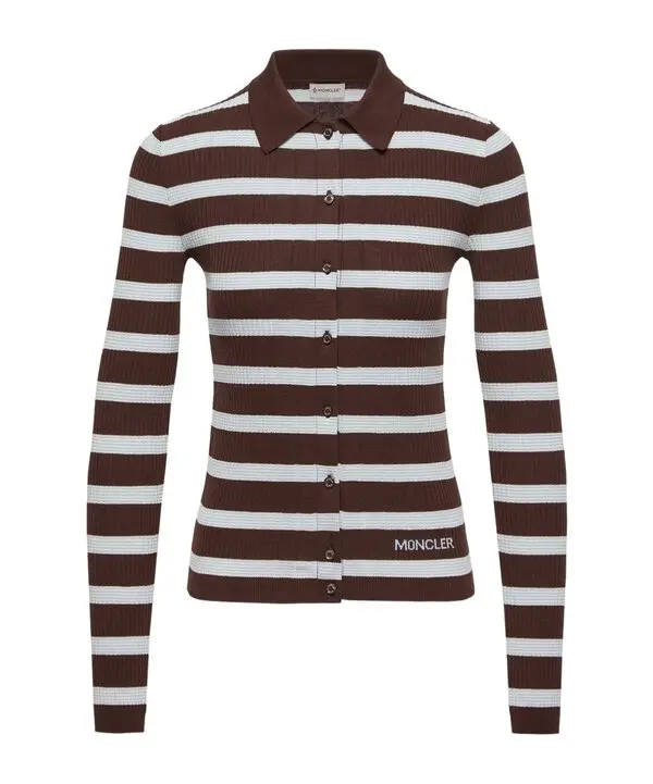 Moncler Striped Cotton Crêpe Polo Shirt - White And Brown