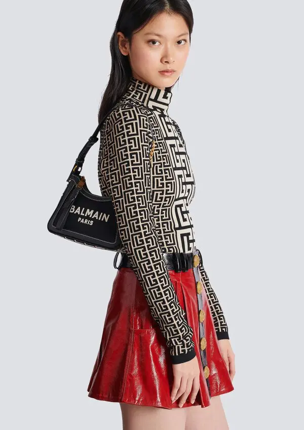 Balmain B-army Monogrammed Canvas And Smooth Leather Handbag - Black