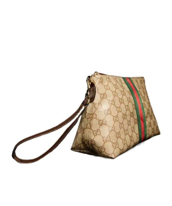Gucci Gg Monogram Pouch With Web Stripe And Wristlet - Nude