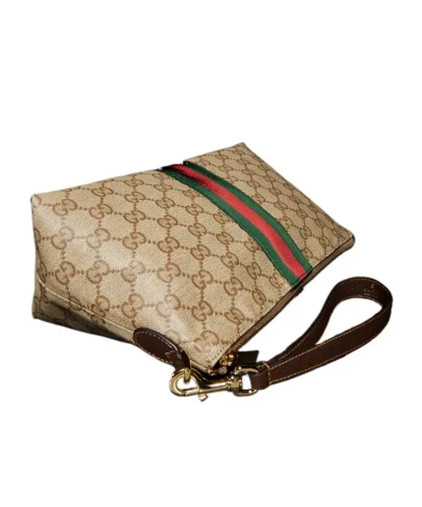 Gucci Gg Monogram Pouch With Web Stripe And Wristlet - Nude