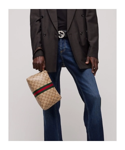Gucci Gg Monogram Pouch With Web Stripe And Wristlet - Nude