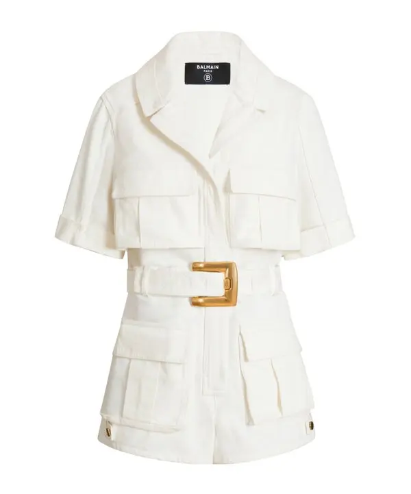 Balmain Belted Denim Playsuit - White