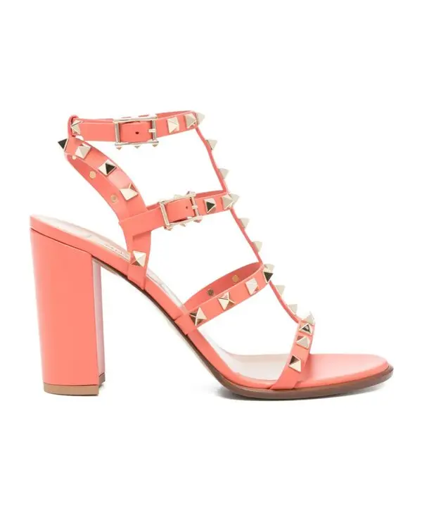 Valentino Garavani Rockstud Strappy Block Heel Sandals - Orange