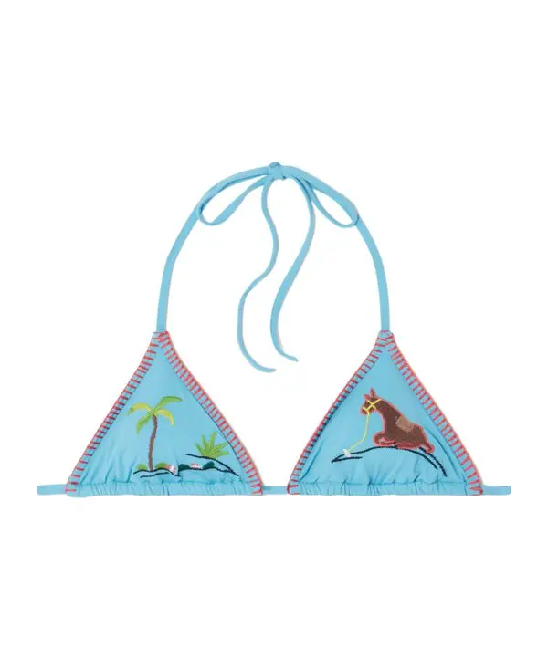 Staud Lido Embroidered Triangle Bikini Top - Blue