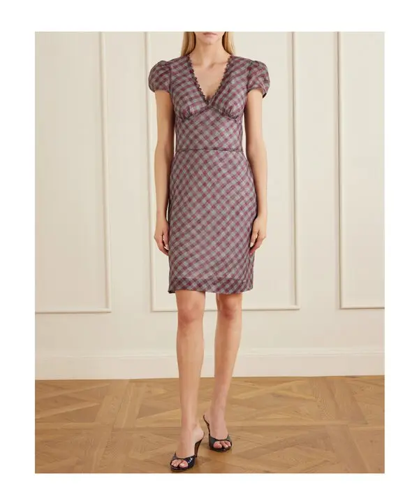 SHUSHU/TONG Plaid Sweetheart Neckline Short Sleeve Dress