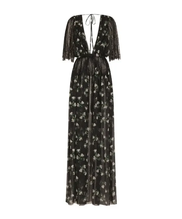 Dolce & Gabbana Floral Lace Trimmed V-neck Maxi Dress - Black