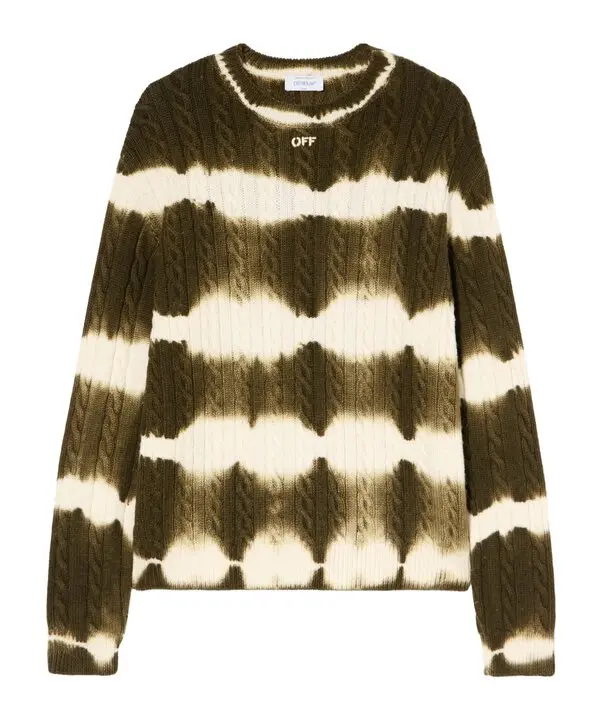Off-White Wool Cable Knit Crew Neck Sweater With Gradient Stripes - Green