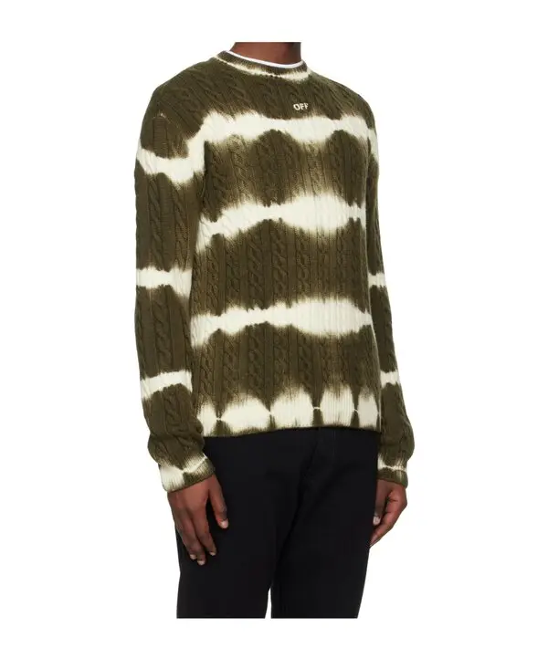 Off-White Wool Cable Knit Crew Neck Sweater With Gradient Stripes