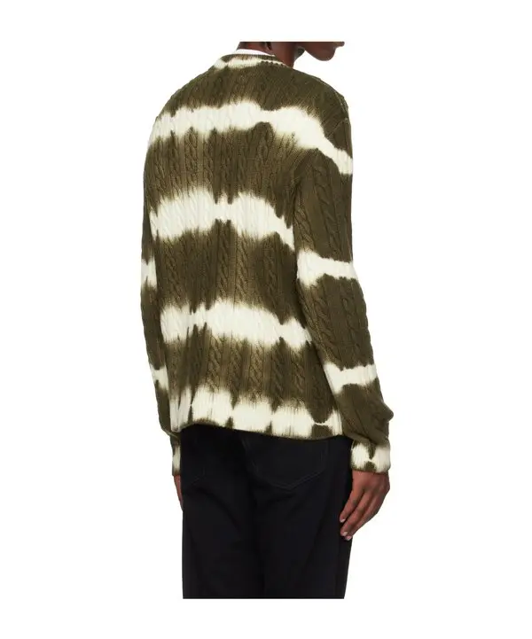 Off-White Wool Cable Knit Crew Neck Sweater With Gradient Stripes