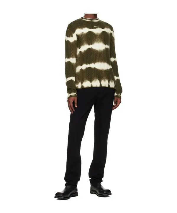 Off-White Wool Cable Knit Crew Neck Sweater With Gradient Stripes