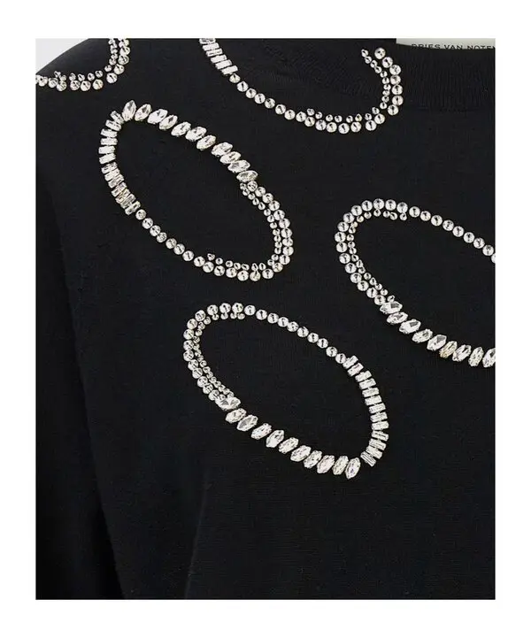 Dries Van Noten Embroidered Knitted Sweater With Crystal Appliqu - Black