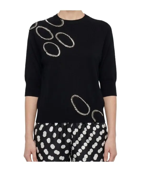 Dries Van Noten Embroidered Knitted Sweater With Crystal Appliqu - Black