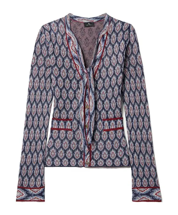 Etro Jacquard-knit Tie-neck Cardigan - Gray
