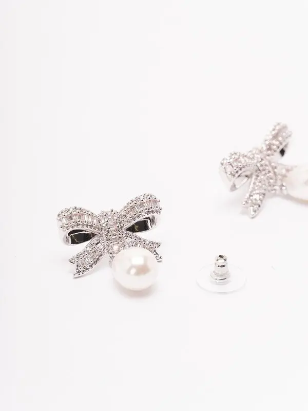 SELF-PORTRAIT Embellished Bow Pearl Drop Earrings - Silver