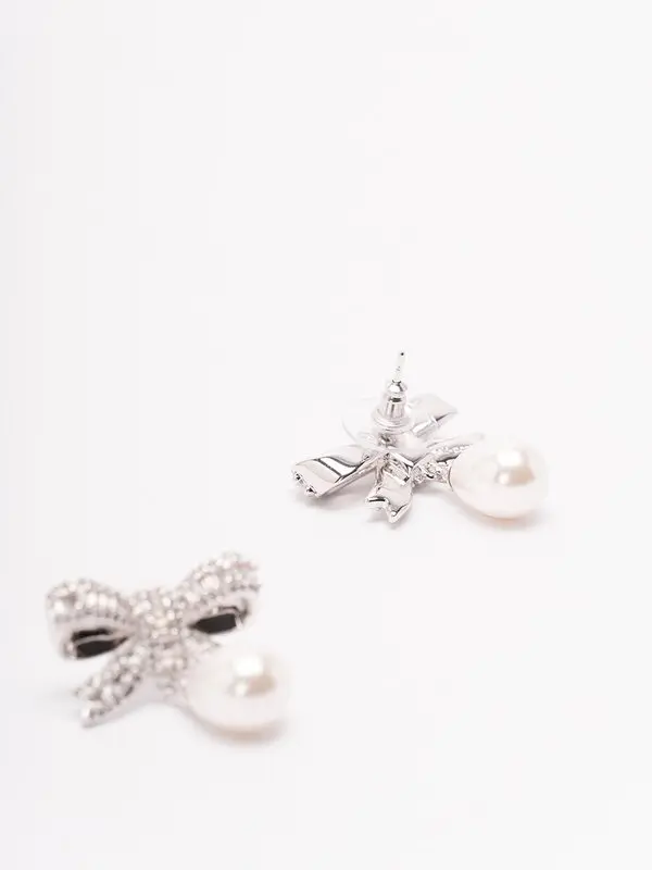 SELF-PORTRAIT Embellished Bow Pearl Drop Earrings - Silver