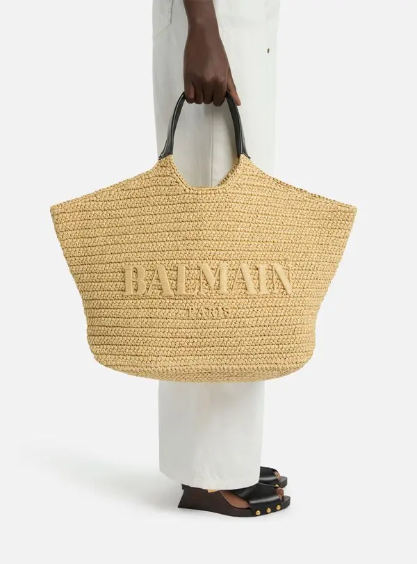 Balmain Logo Raffia Tote Bag - Beige