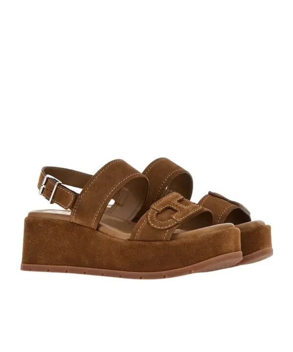 Hogan Suede Embossed H Buckle Strap Wedge Sandals