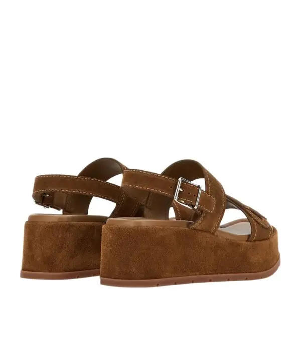 Hogan Suede Embossed H Buckle Strap Wedge Sandals