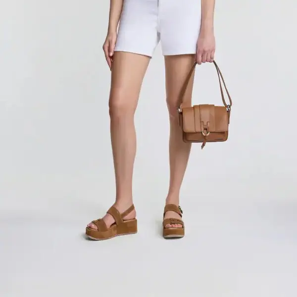 Hogan Suede Embossed H Buckle Strap Wedge Sandals