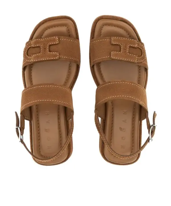 Hogan Suede Embossed H Buckle Strap Wedge Sandals