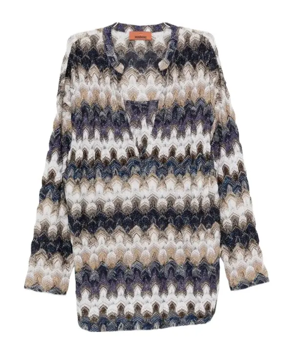 Missoni Chevron Knit V-neck Long Sleeve Top - Gray