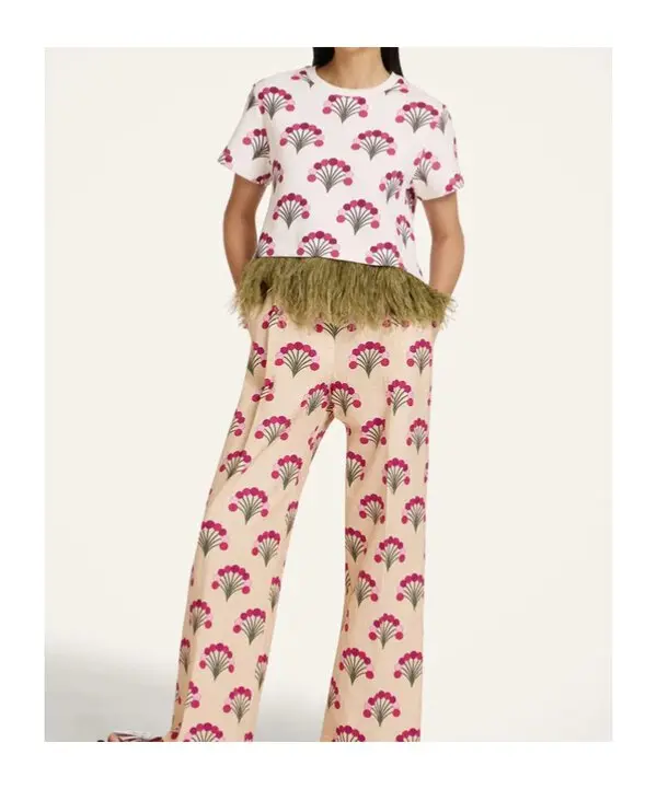La DoubleJ Floral Print Cropped T-shirt With Feather Trim