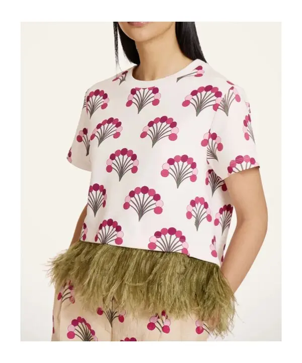 La DoubleJ Floral Print Cropped T-shirt With Feather Trim