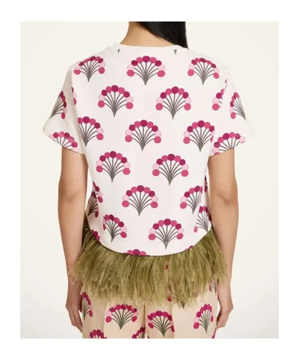 La DoubleJ Floral Print Cropped T-shirt With Feather Trim