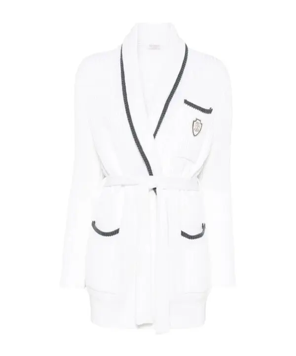 Brunello Cucinelli Ribbed Knit Shawl Collar Cardigan - White