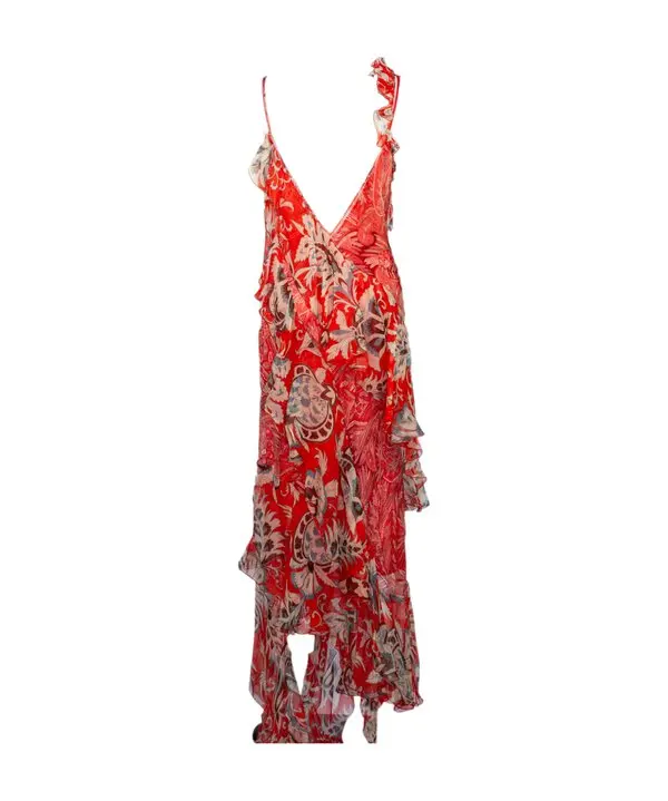 Etro Draped Asymmetric Ruffled Floral Paisley Print Silk Maxi Dress