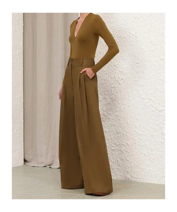 Zimmermann Luna Drill Tailored Wide Leg Pants - Deep Khaki