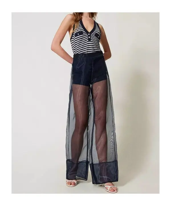 TWINSET Sheer Organza High-waisted Wide-leg Trousers