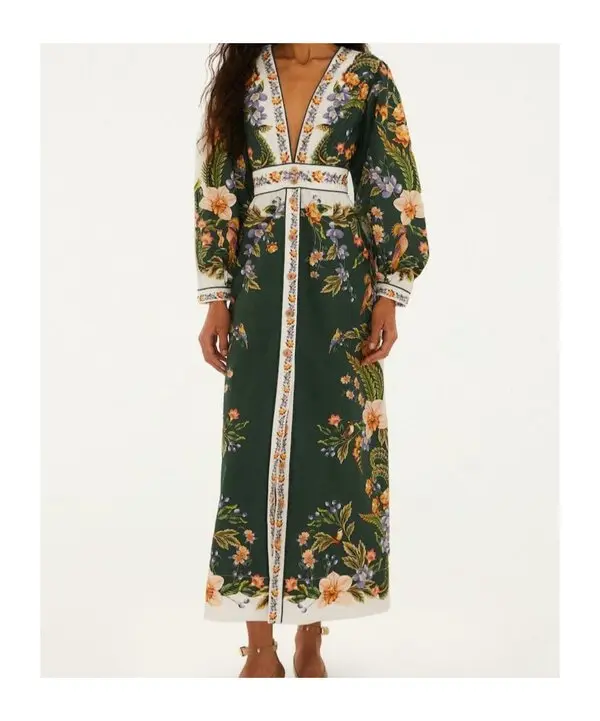 Farm Rio Maxi Dress With V-neck And Long Sleeves