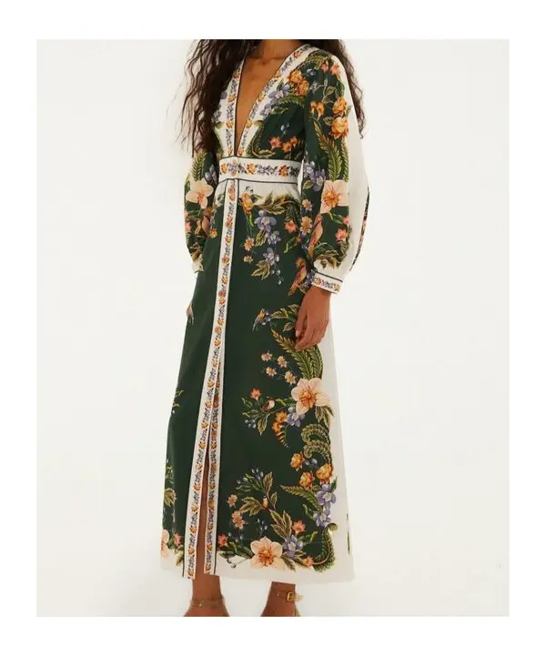 Farm Rio Maxi Dress With V-neck And Long Sleeves