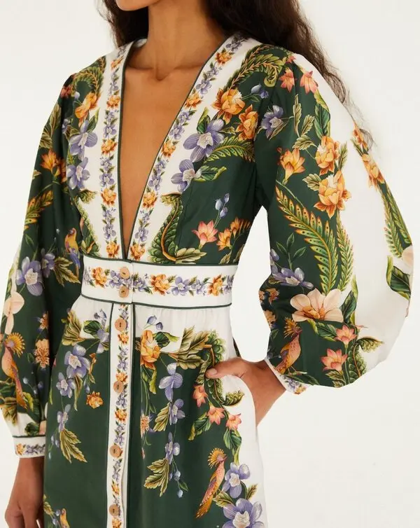Farm Rio Maxi Dress With V-neck And Long Sleeves