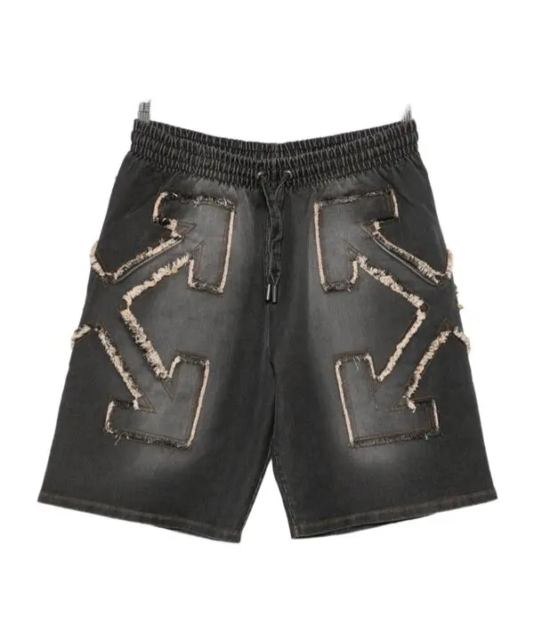 Off-White Arrow Frayed Patchwork Denim Shorts - Black