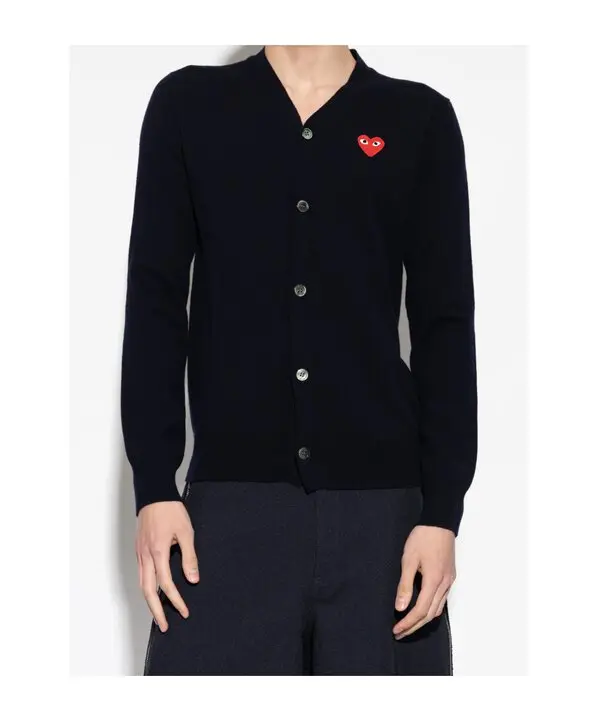 Play Comme Des Garcon Long-sleeved V-neck Cardigan With Logo - Black