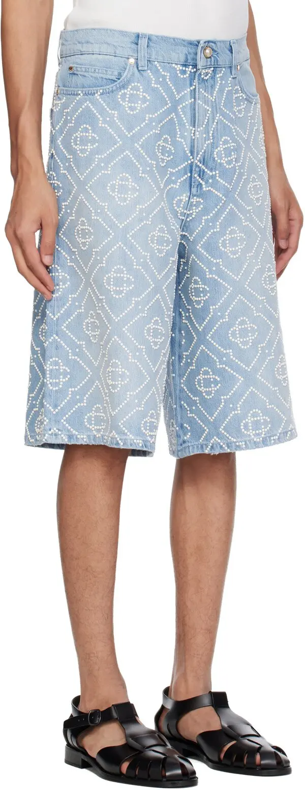 Casablanca Monogram Beaded Denim Shorts - Light Blue