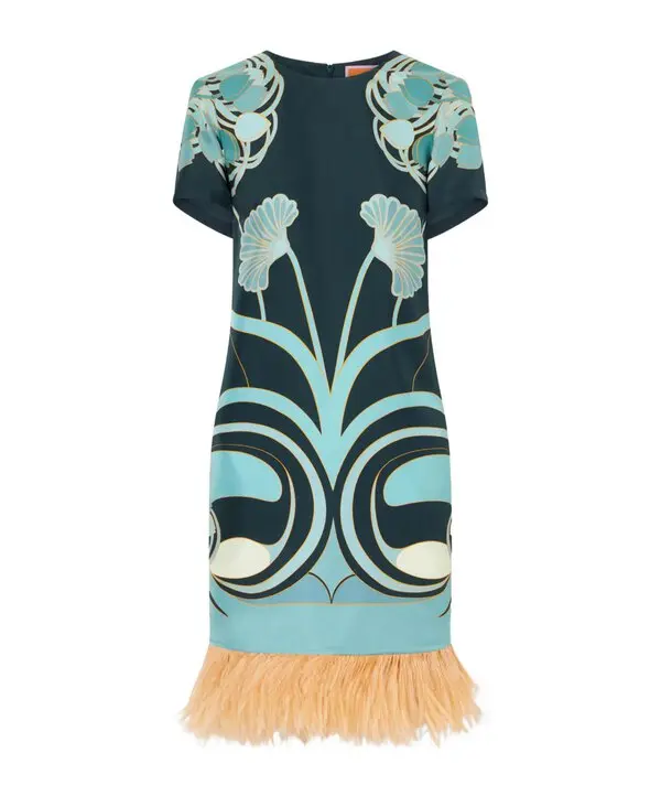 La DoubleJ Printed Feather Trim Short Sleeve Dress