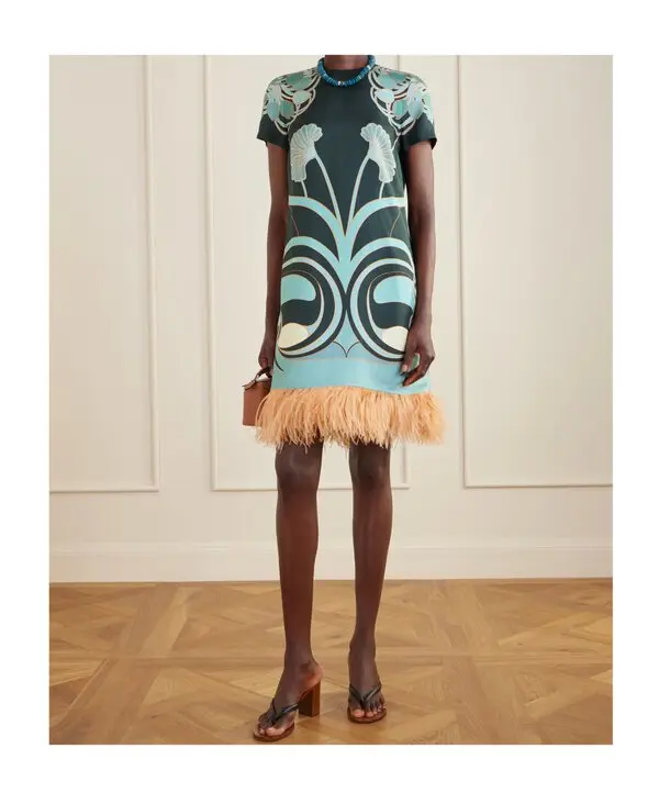 La DoubleJ Printed Feather Trim Short Sleeve Dress