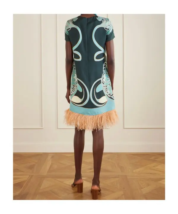 La DoubleJ Printed Feather Trim Short Sleeve Dress