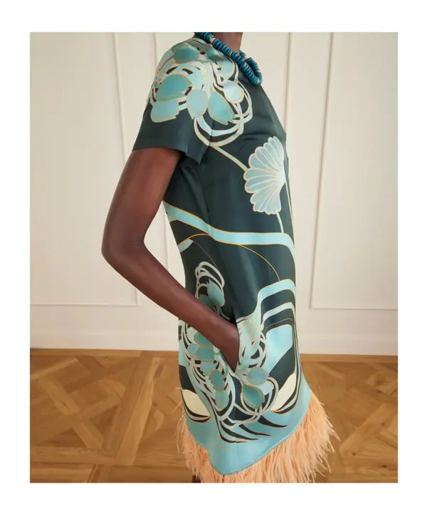 La DoubleJ Printed Feather Trim Short Sleeve Dress