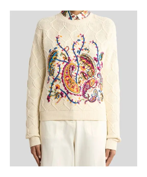 Etro Cotton-blend Sweater With Floral Paisley Embroidery - Light Brown