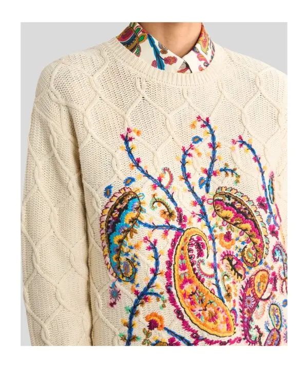 Etro Cotton-blend Sweater With Floral Paisley Embroidery - Light Brown