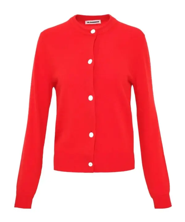 JIL SANDER Wool Crew Neck Cardigan - Carmine