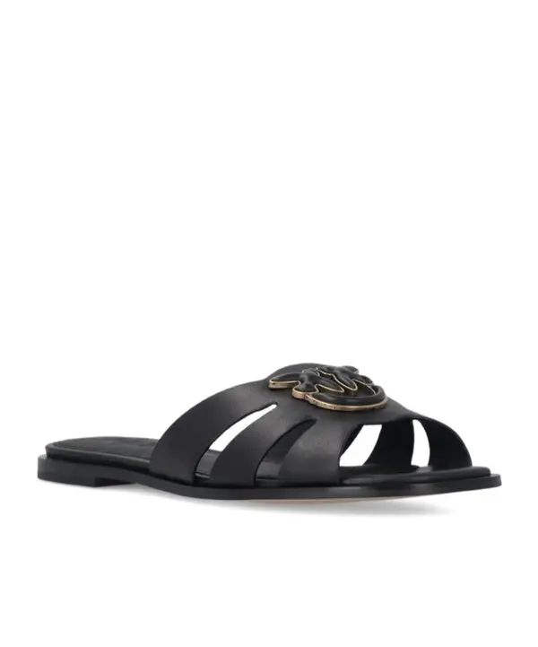 Pinko Open Toe Flat Slippers With Logo Plaque - Black
